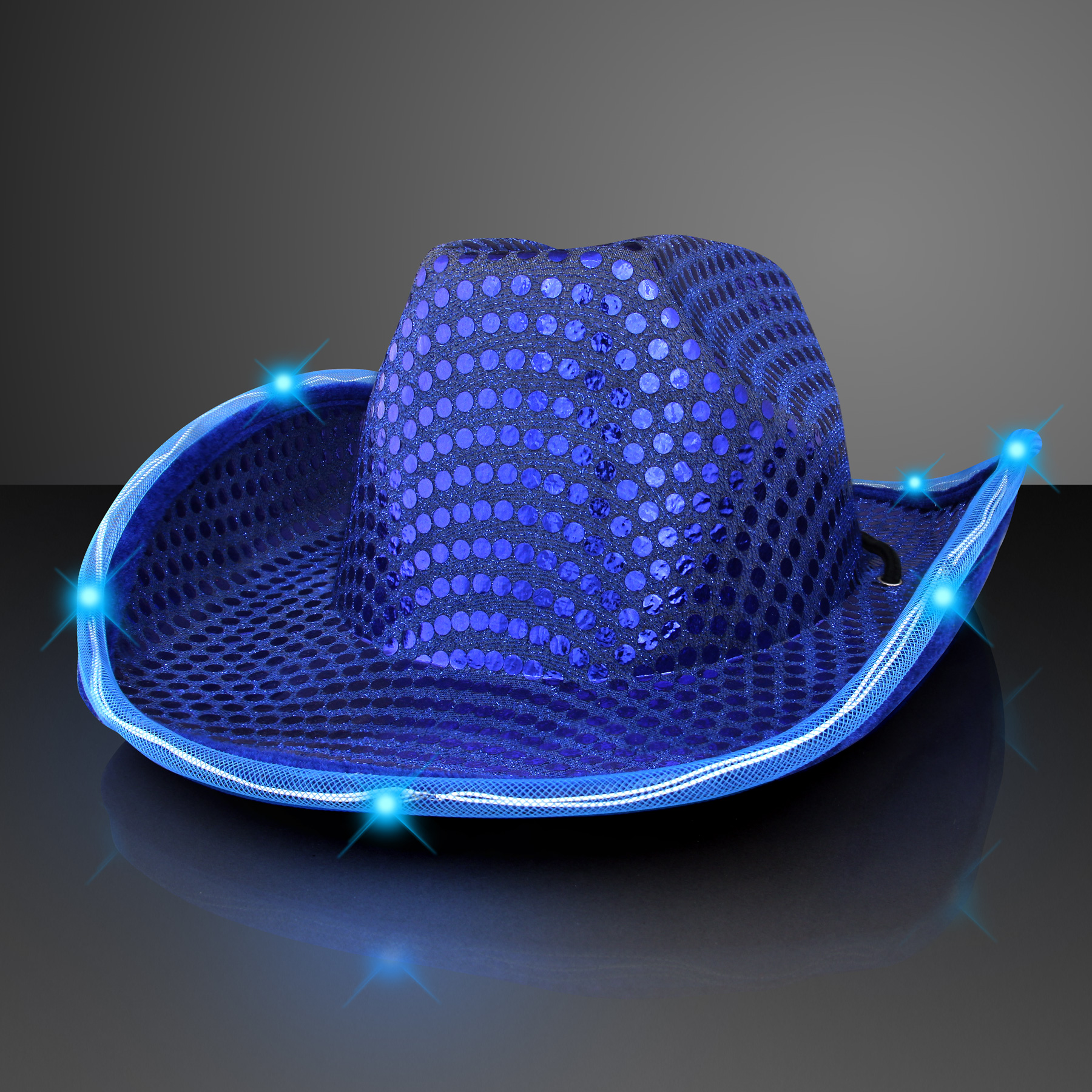 Black Sequin Cowboy Hat Blue LED Light Up Brim | FlashingBlinkyLights